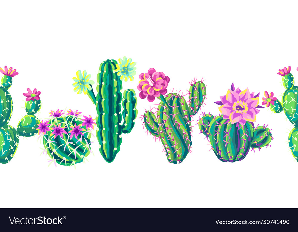 Seamless pattern with cacti and flowers Royalty Free Vector