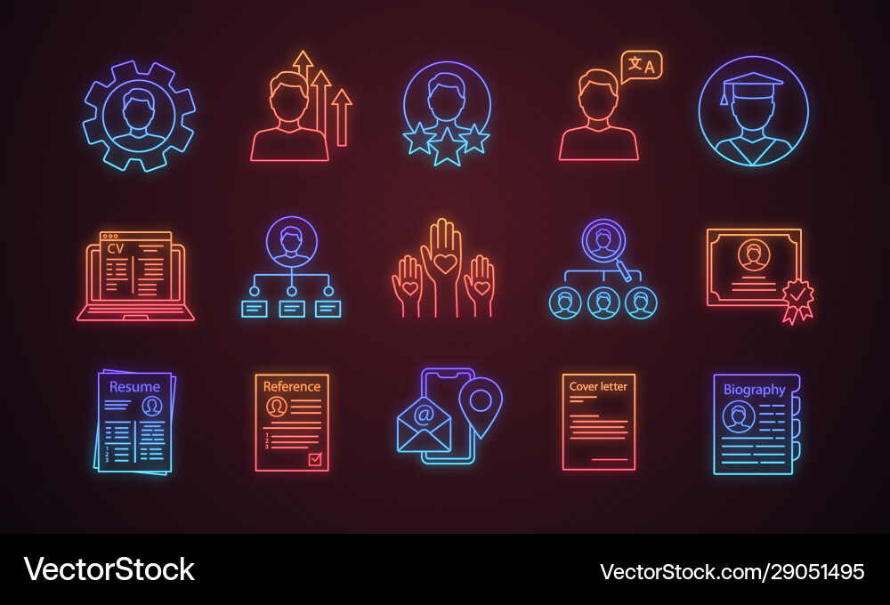 Resume neon light icons set Royalty Free Vector Image