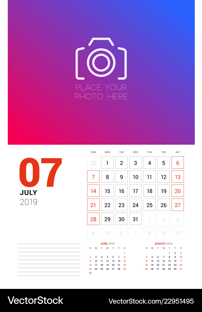 Wall calendar planner template for july 2019 week Vector Image