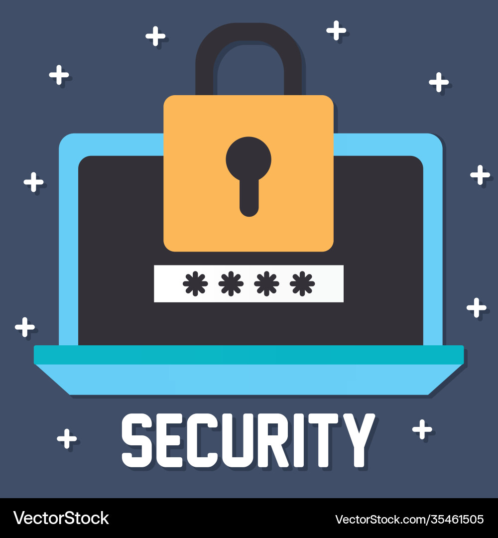 Security lettering and laptop with one padlock Vector Image