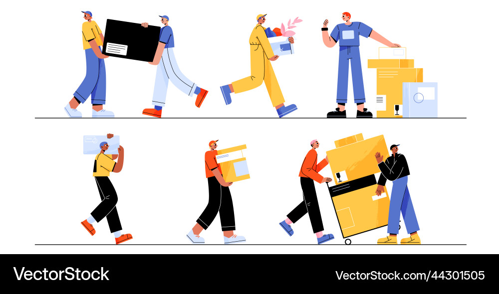 Set of moving service workers carrying boxes Vector Image