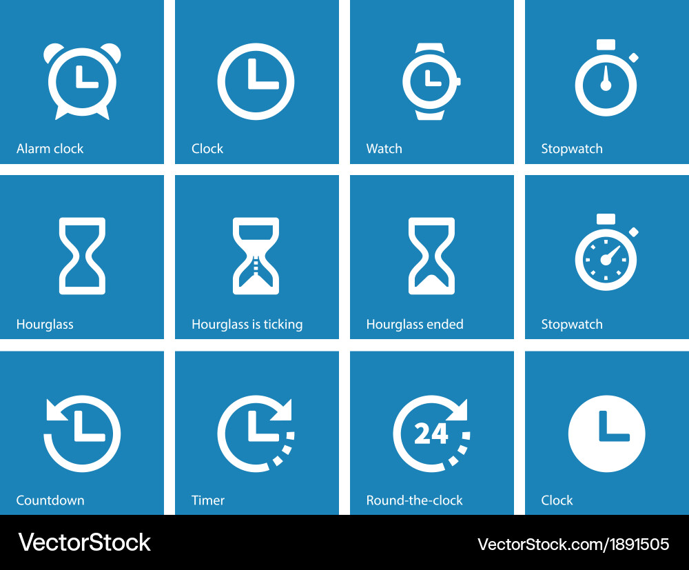 Time and clock icons on blue background Royalty Free Vector