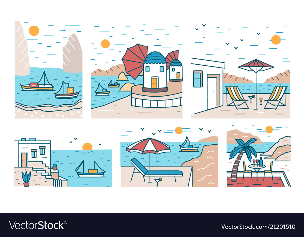 Bundle of summer sceneries with sea or ocean Vector Image