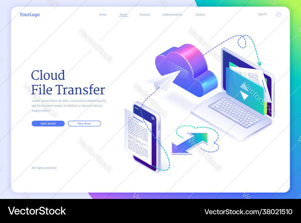 Cloud file transfer isometric landing page banner Vector Image