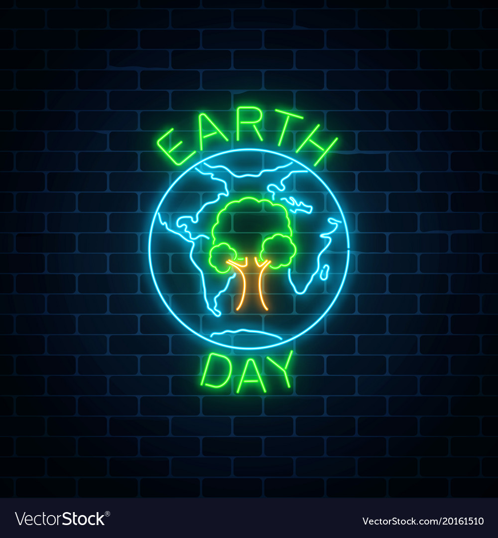 Glowing neon sign of world earth day with tree Vector Image