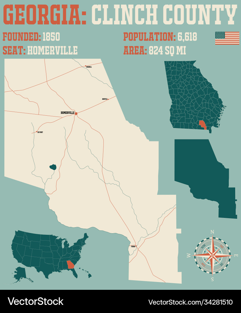 Map clinch county in georgia Royalty Free Vector Image