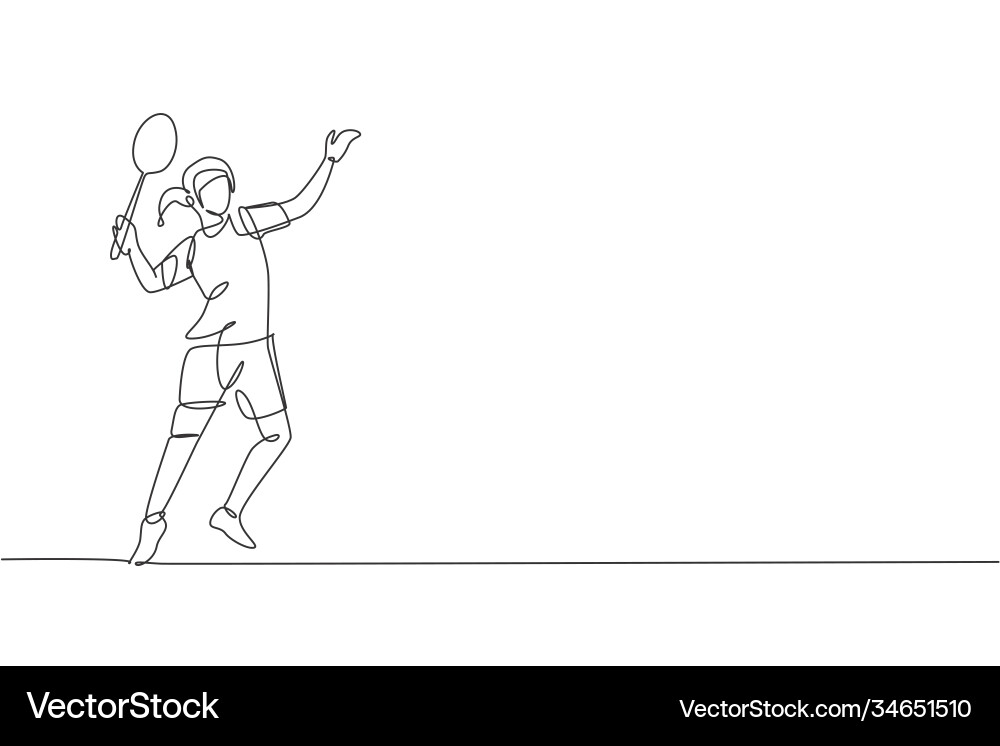 One single line drawing young energetic badminton Vector Image