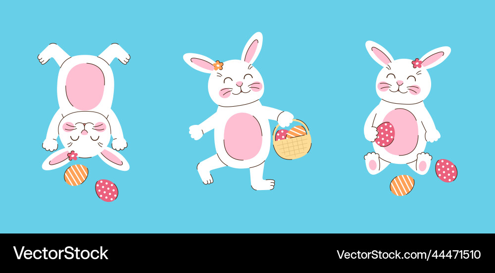 Set of white easter bunnies with eggs Royalty Free Vector
