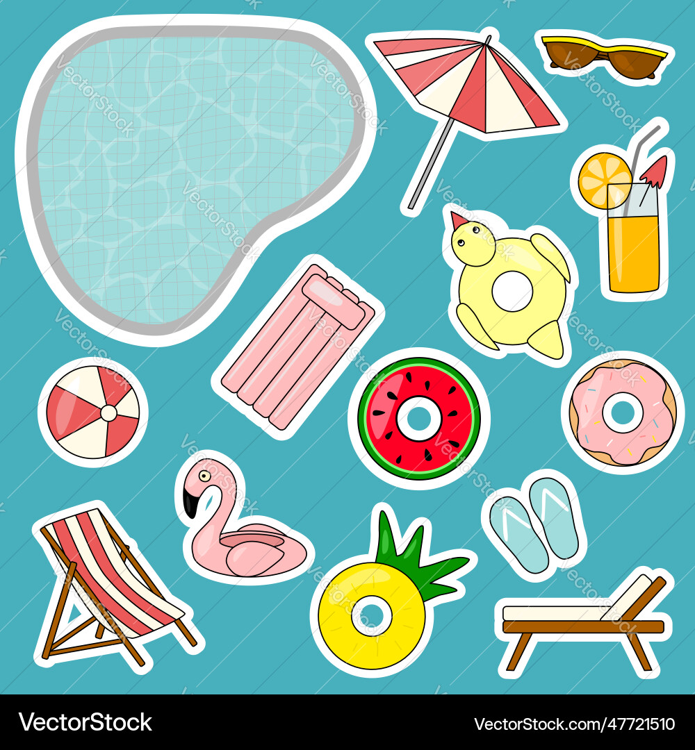 Summer sticker pack with swimming pool inflatable Vector Image