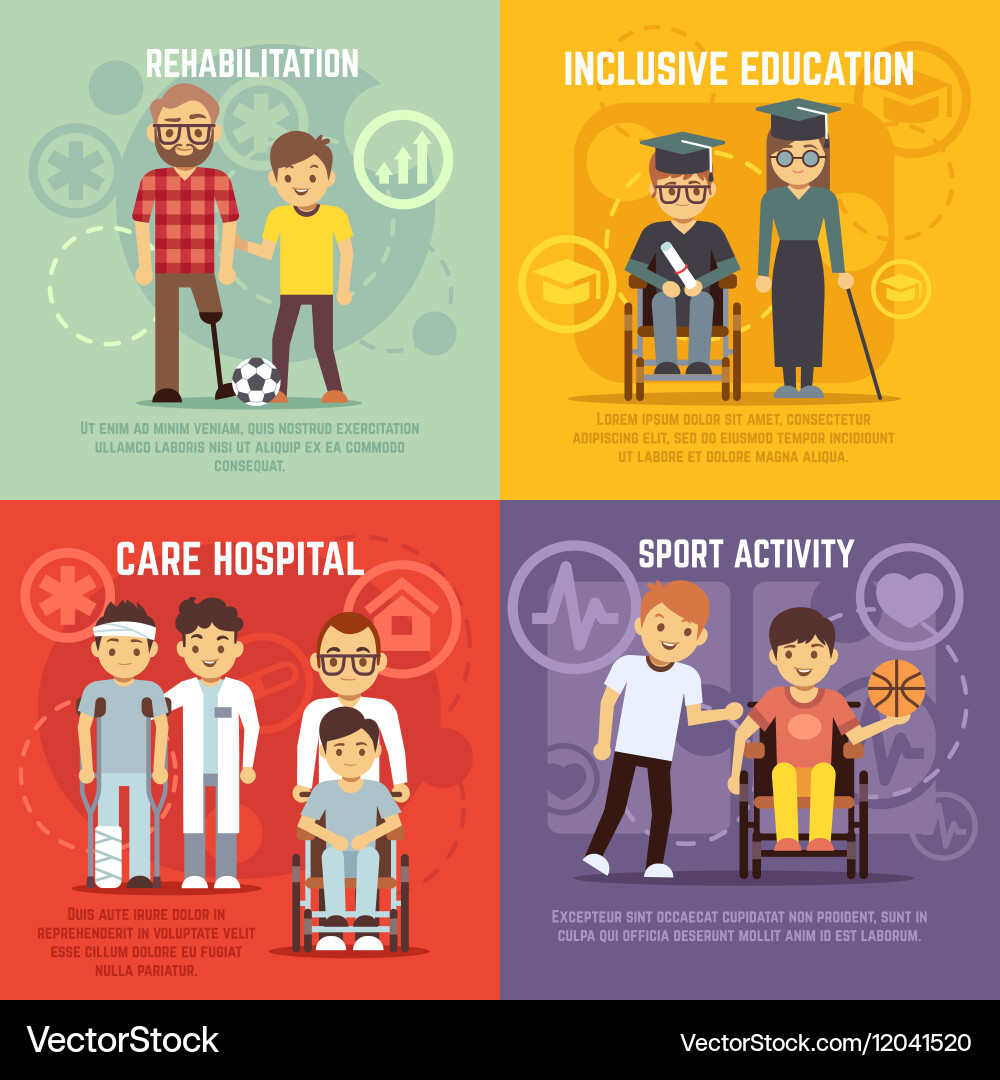 Disabled person care flat concepts set Royalty Free Vector