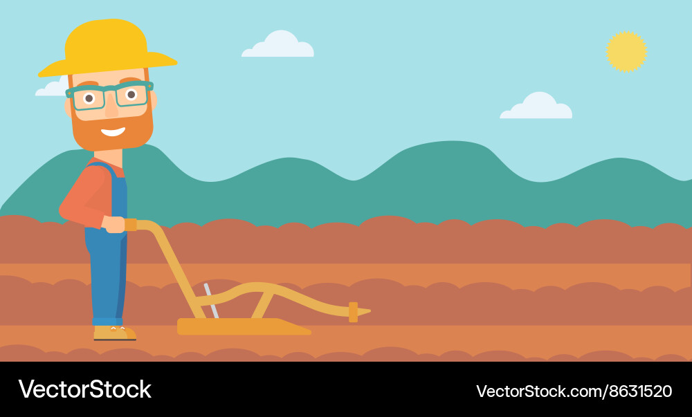 Farmer on the field with plough Royalty Free Vector Image
