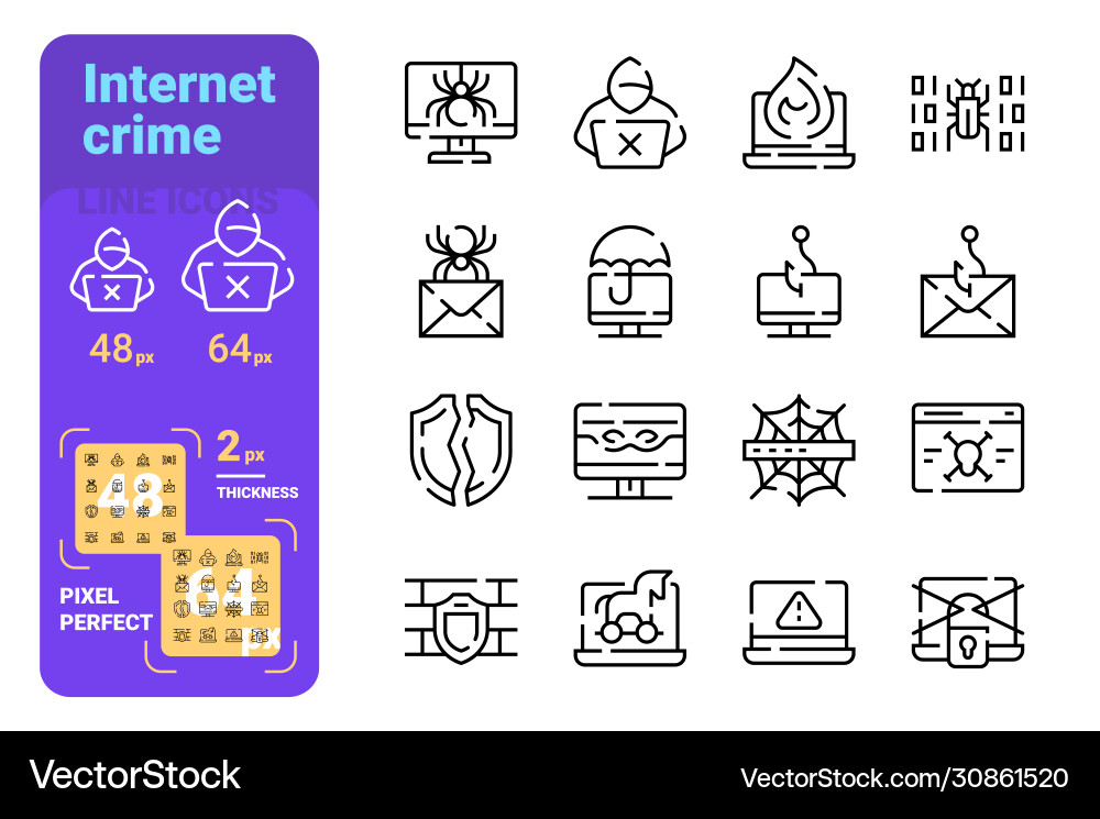 Set internet crime simple lines icons hacker Vector Image