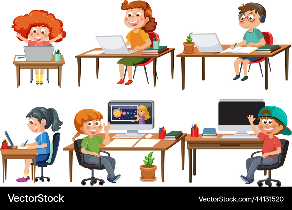Set of different kids doing homework Royalty Free Vector