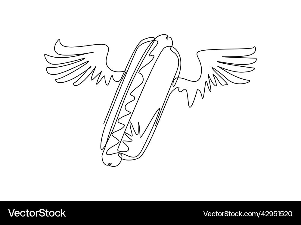 Single continuous line drawing hot dog with wings Vector Image