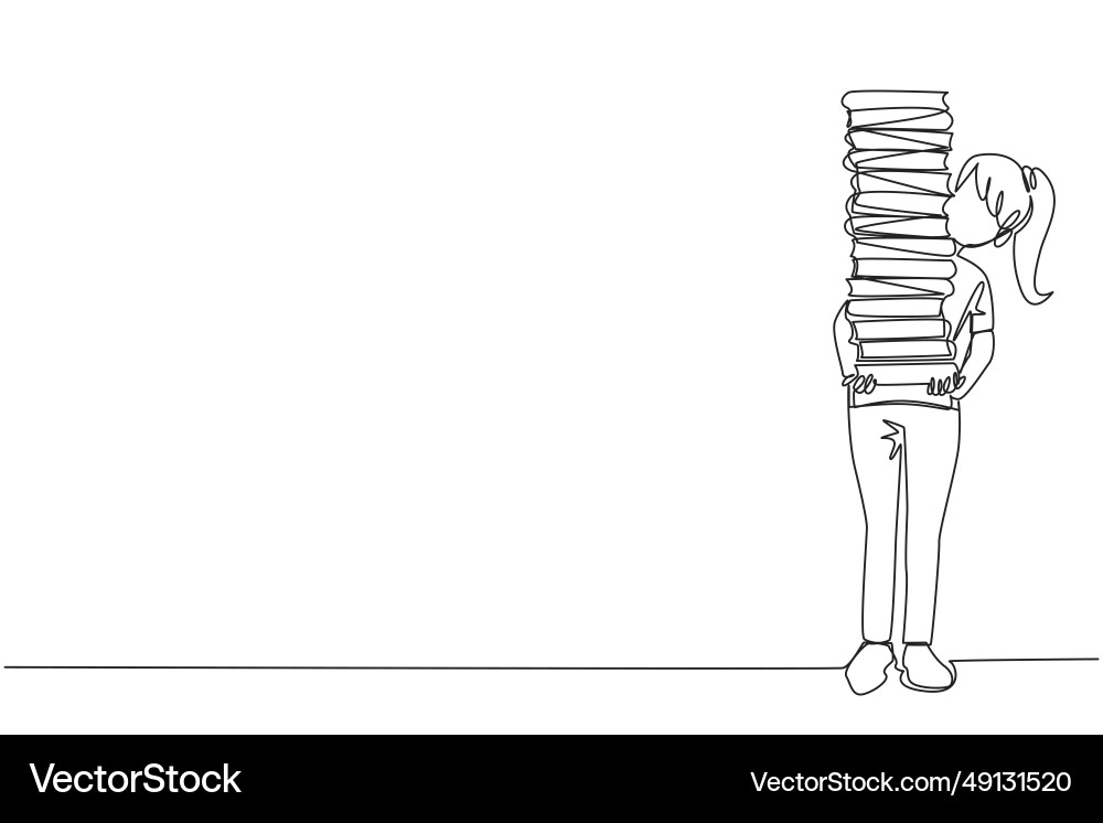 Single one line drawing woman carrying tall stack Vector Image