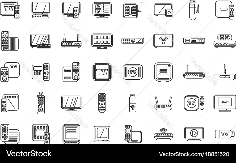 Smart tv box icons set outline cable Royalty Free Vector