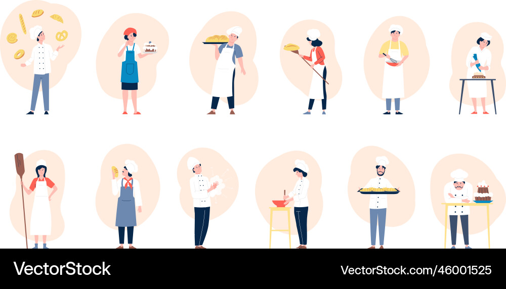 Baker character bake pastries in bakery bakers Vector Image
