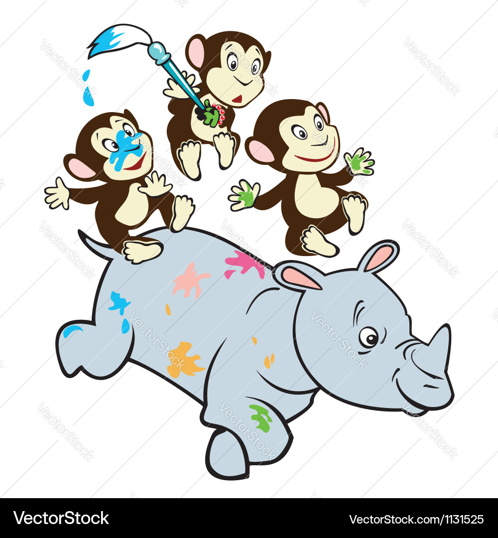 Three little monkeys and rhino Royalty Free Vector Image