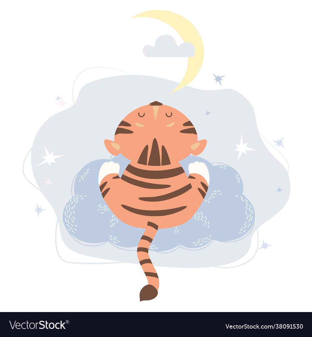 Cute tiger sits on cloud with his back looks moon Vector Image
