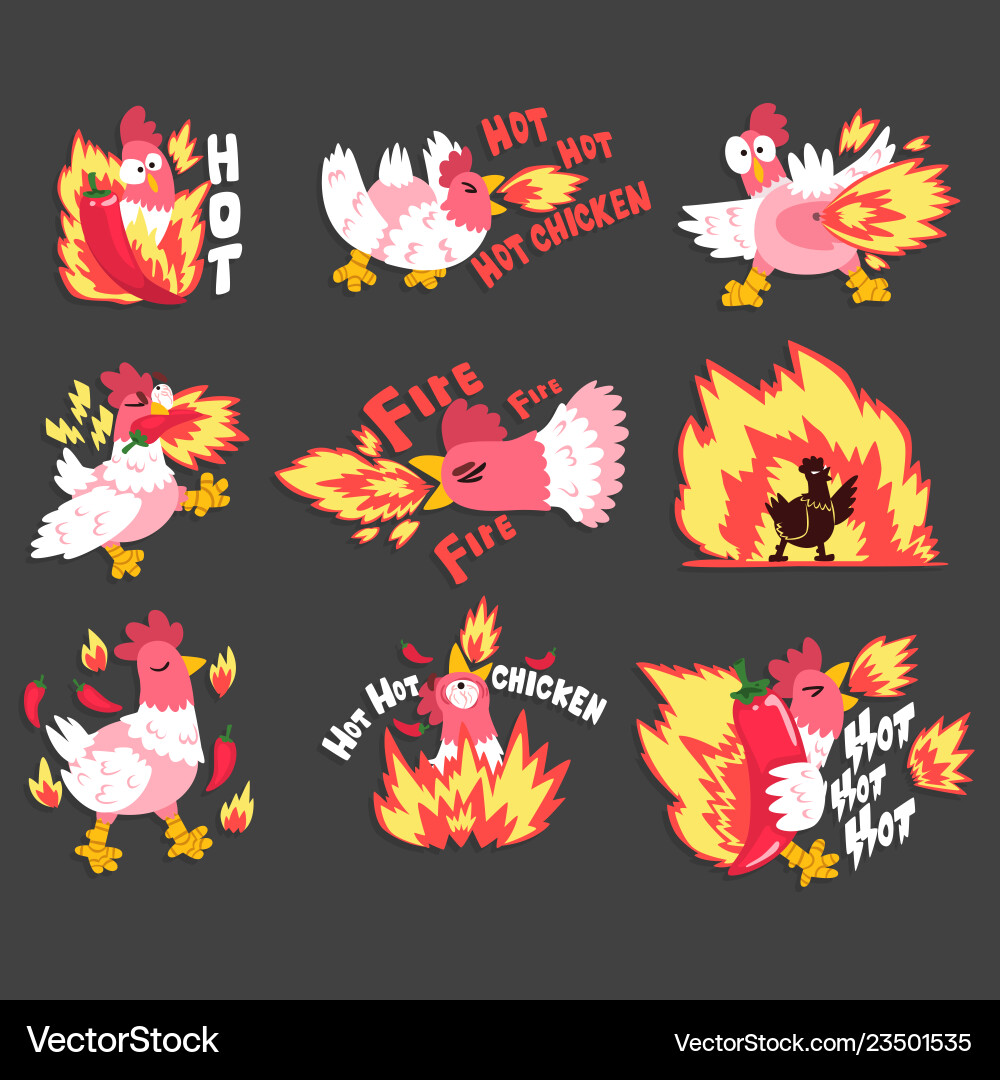 Hot spicy chicken set rooster on fire creative Vector Image
