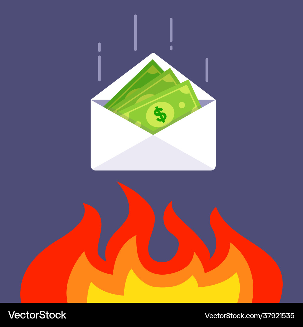 Money in an envelope falls into fire Royalty Free Vector