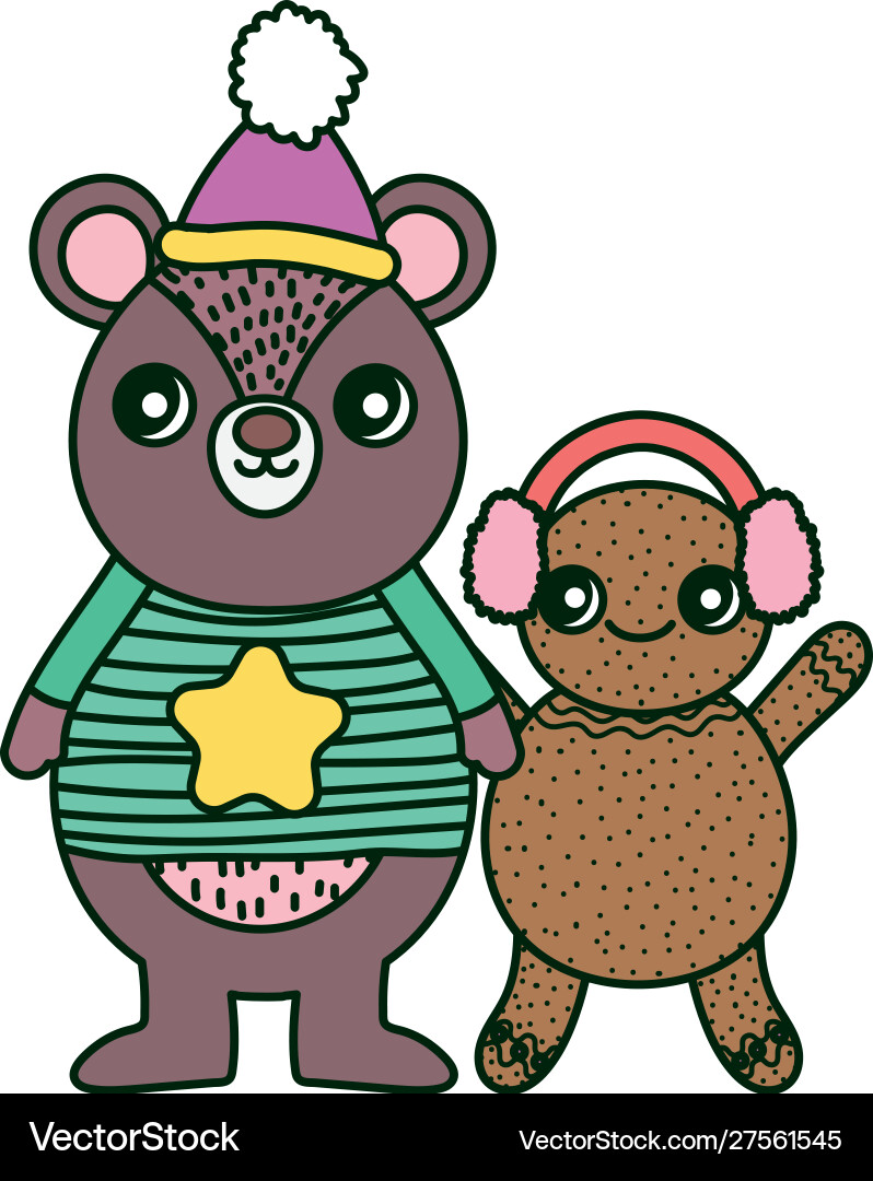 Cute bear and gingerbread man with hat merry Vector Image