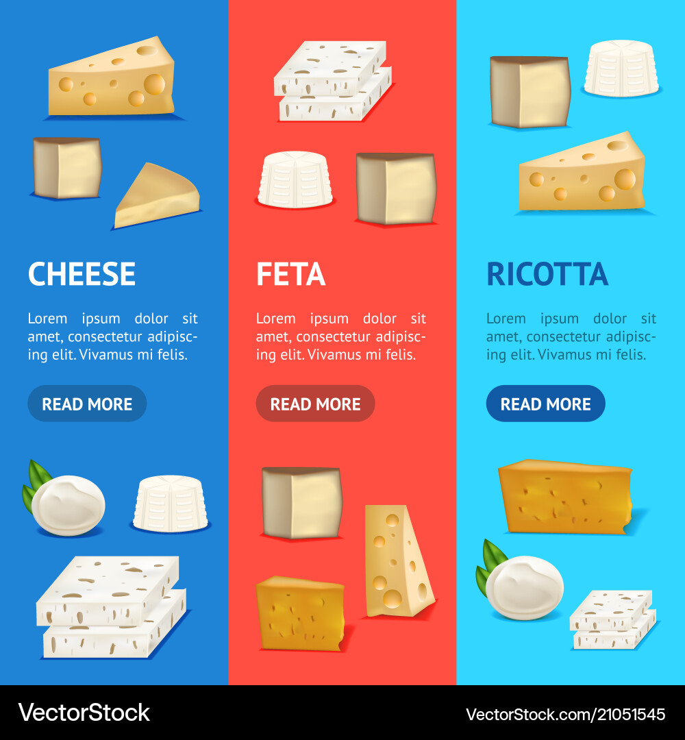 Realistic detailed 3d cheese banner vertical set Vector Image