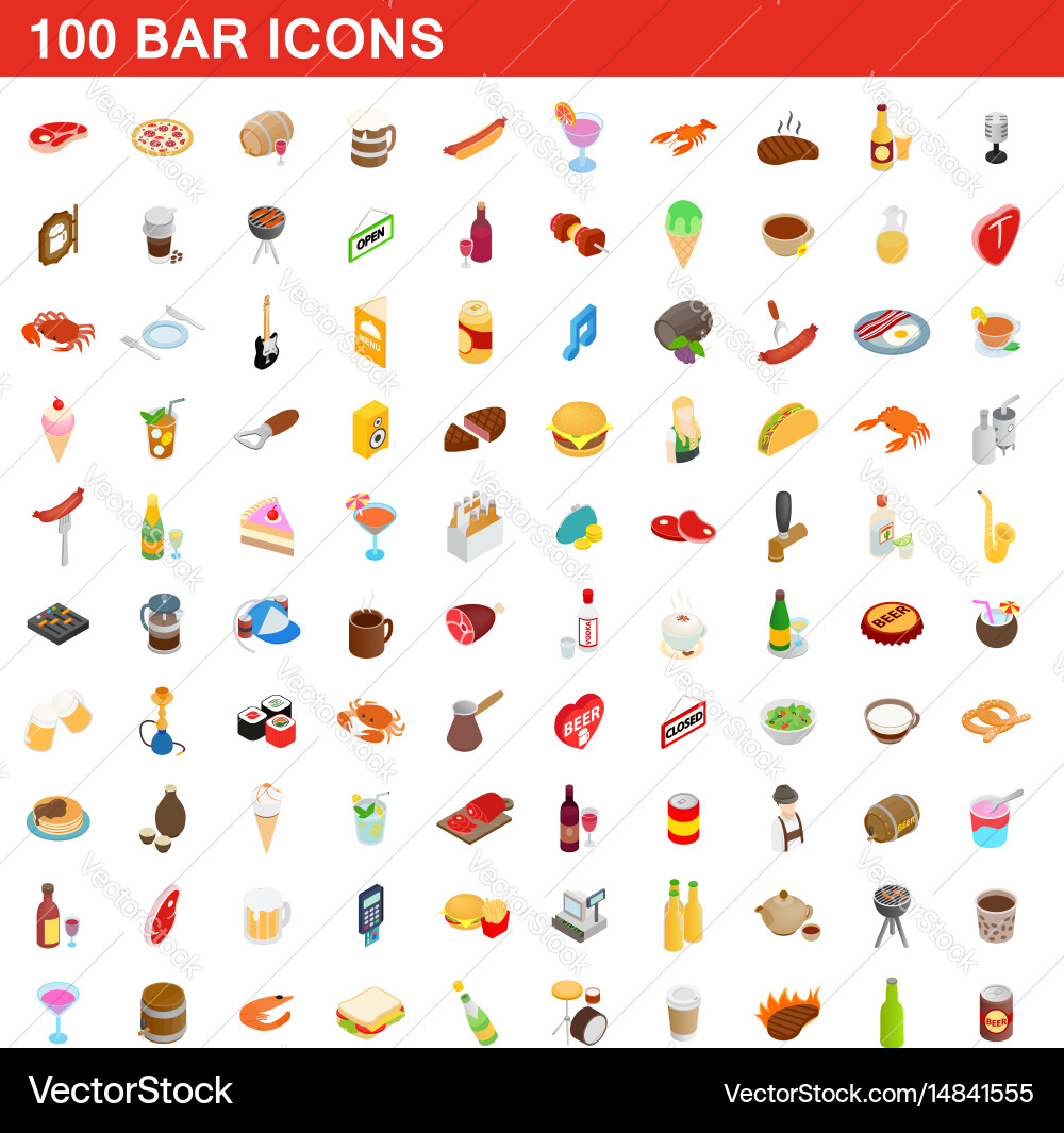 100 bar icons set isometric 3d style Royalty Free Vector
