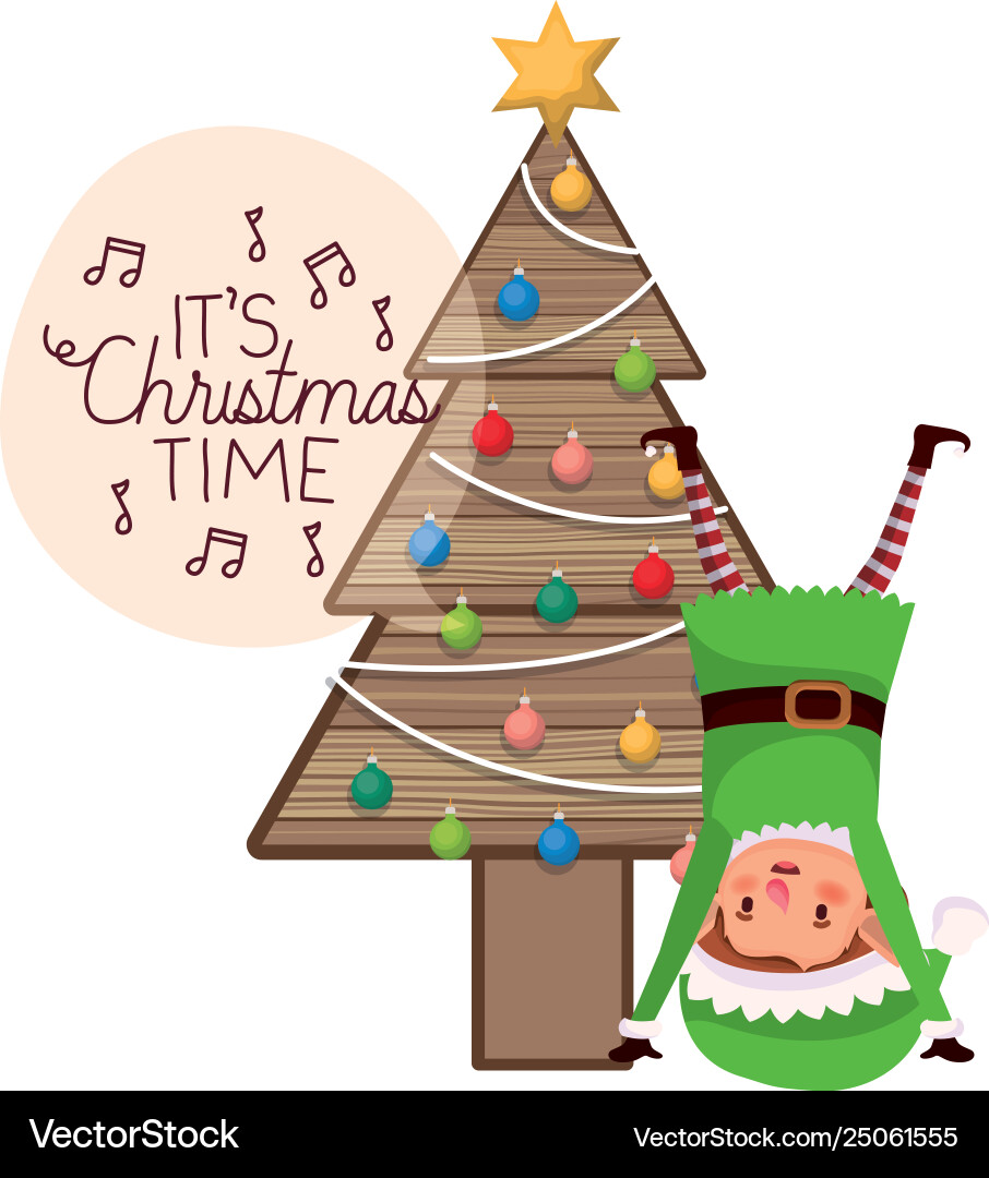 Elf with christmas tree on wood Royalty Free Vector Image