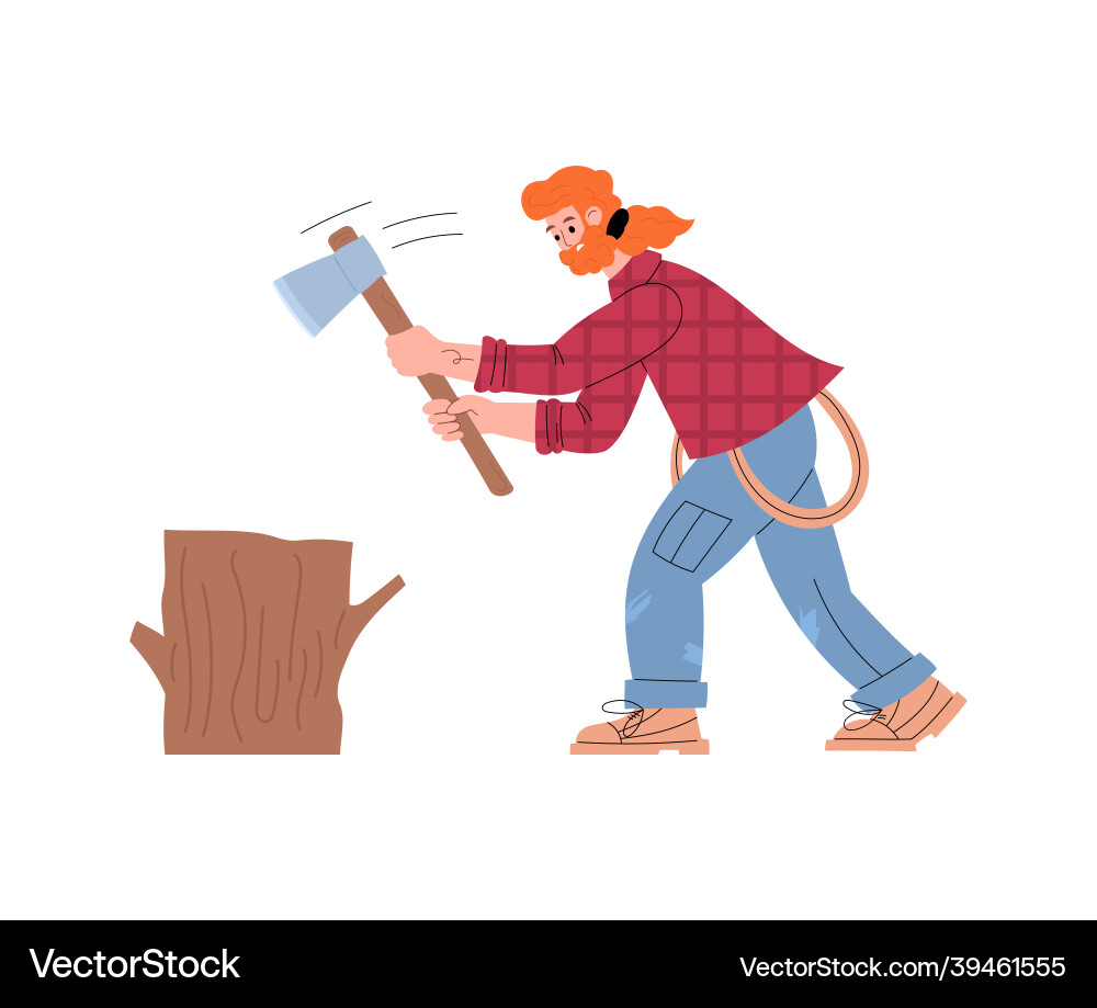 Lumberjack or woodsman chops trunk into logs flat Vector Image
