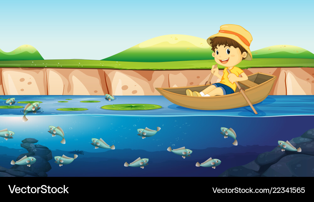 A boy on boat in river Royalty Free Vector Image