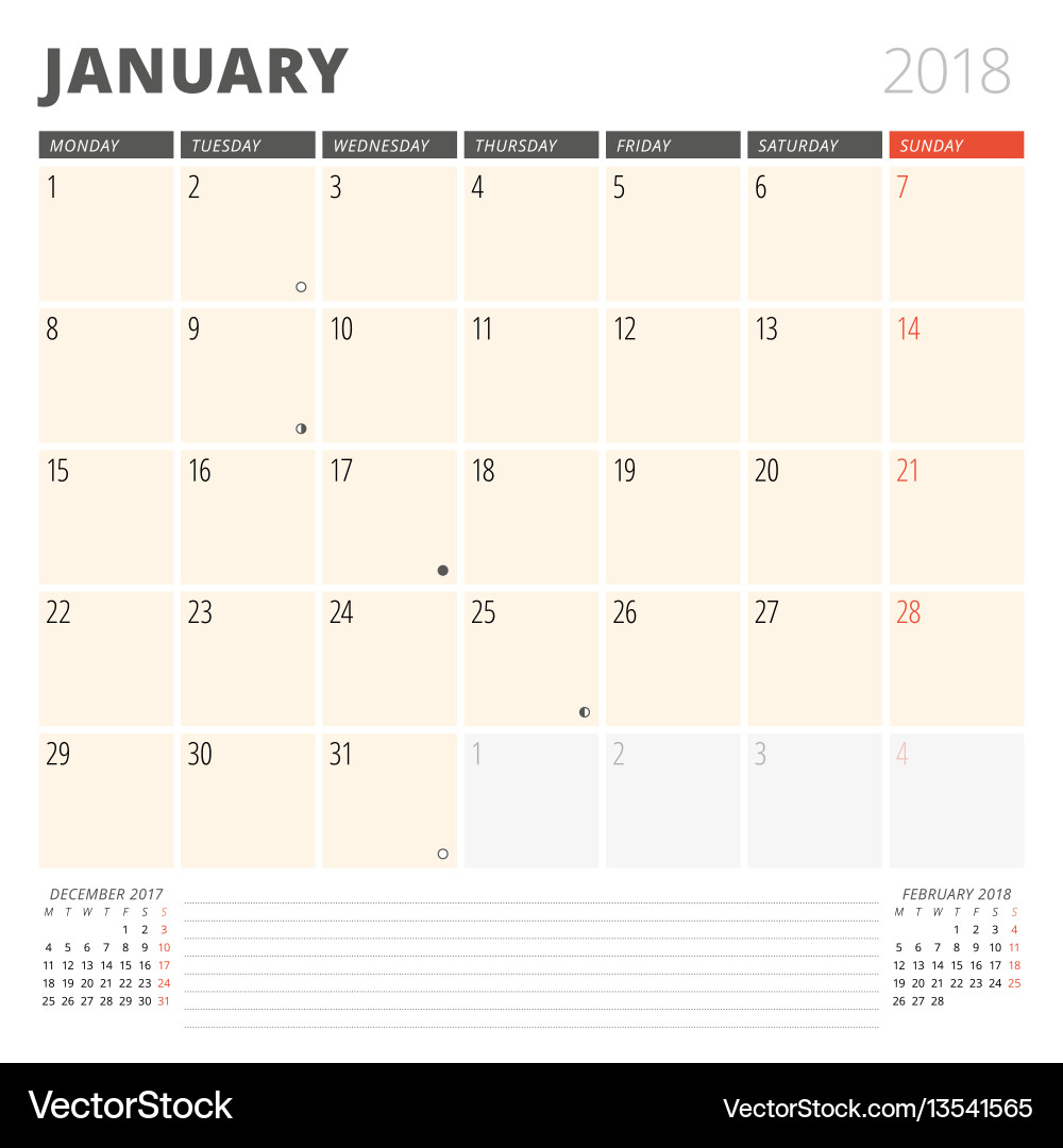 Calendar planner for january 2018 design template Vector Image