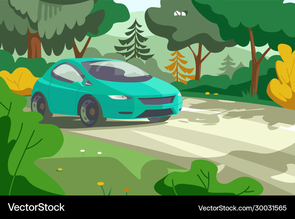 Car rides on forest road Royalty Free Vector Image