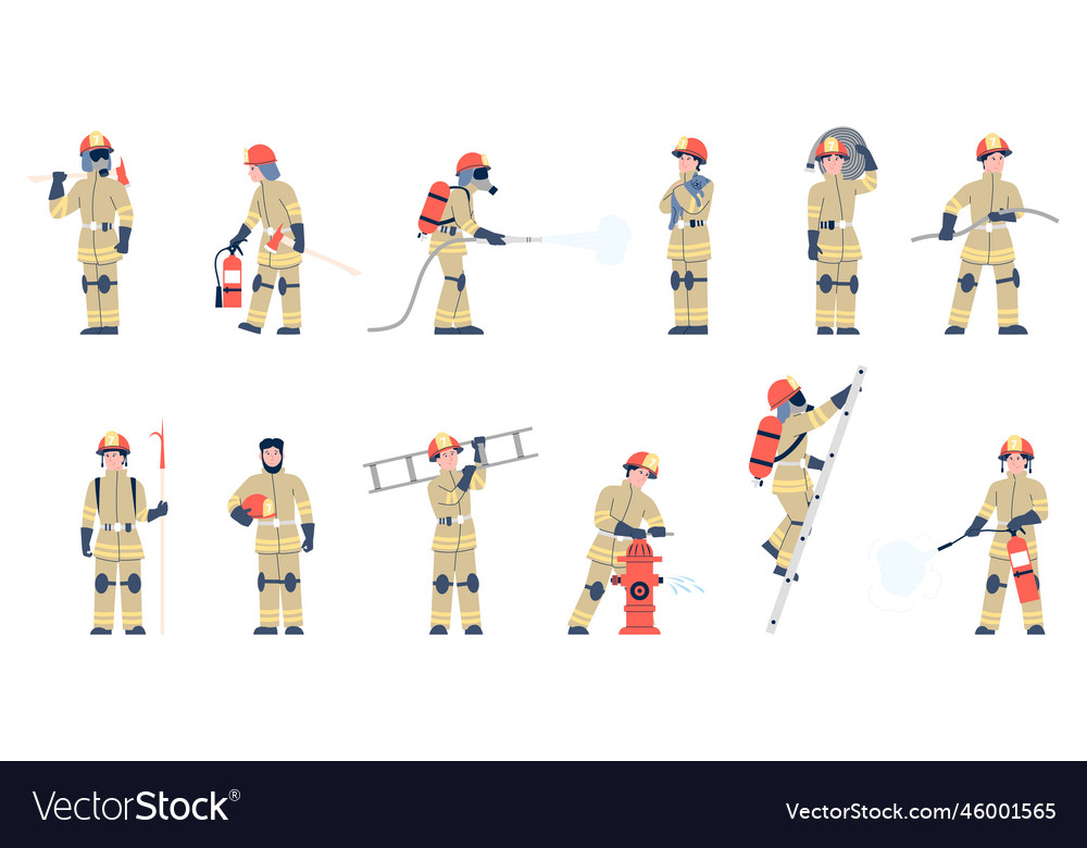 Firefighters flat characters with equipment Vector Image