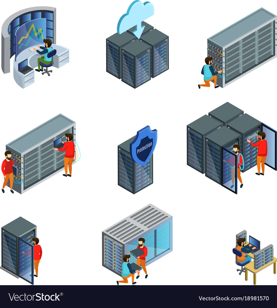 Isometric datacenter elements set Royalty Free Vector Image