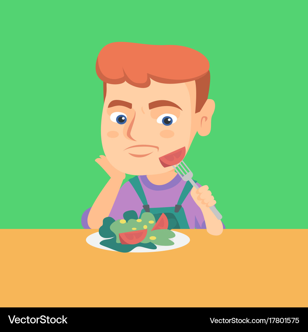 Boy refusing to eat salad with healthy vegetables Vector Image
