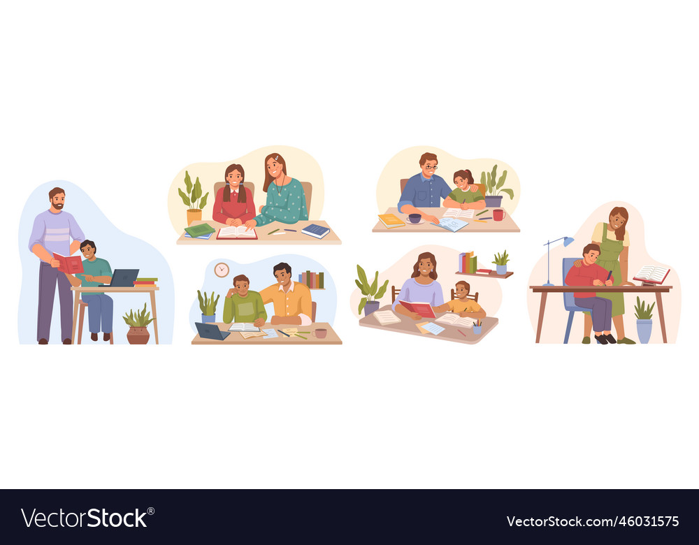 Parents help children with homework Royalty Free Vector