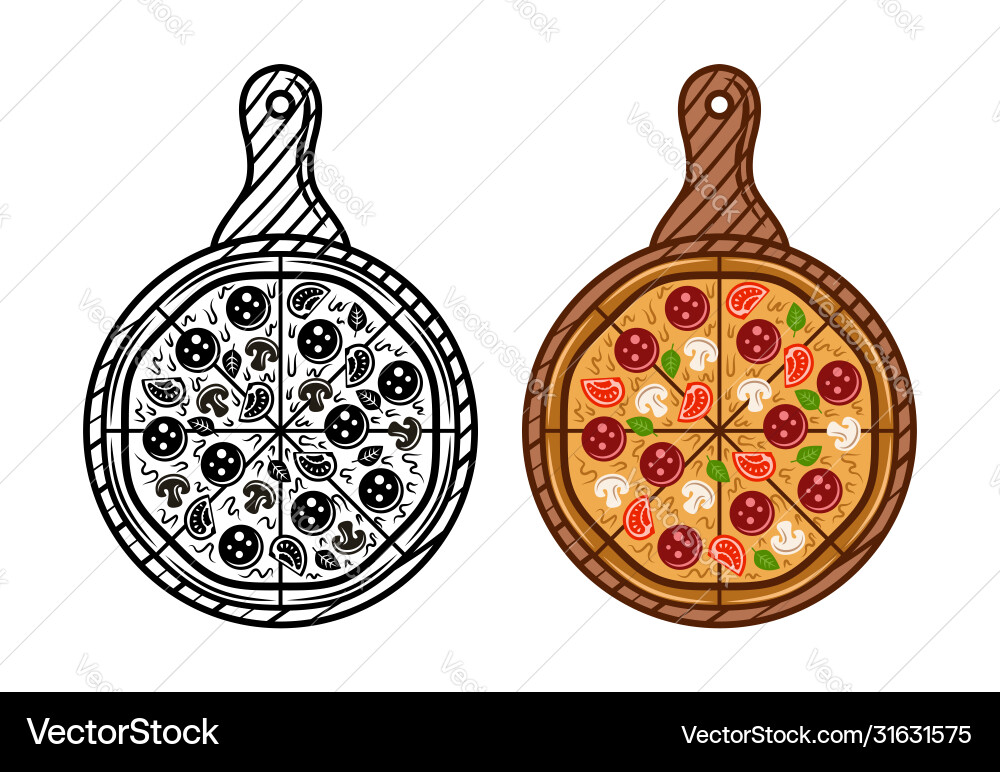 Pizza on wooden board objects in two styles Vector Image