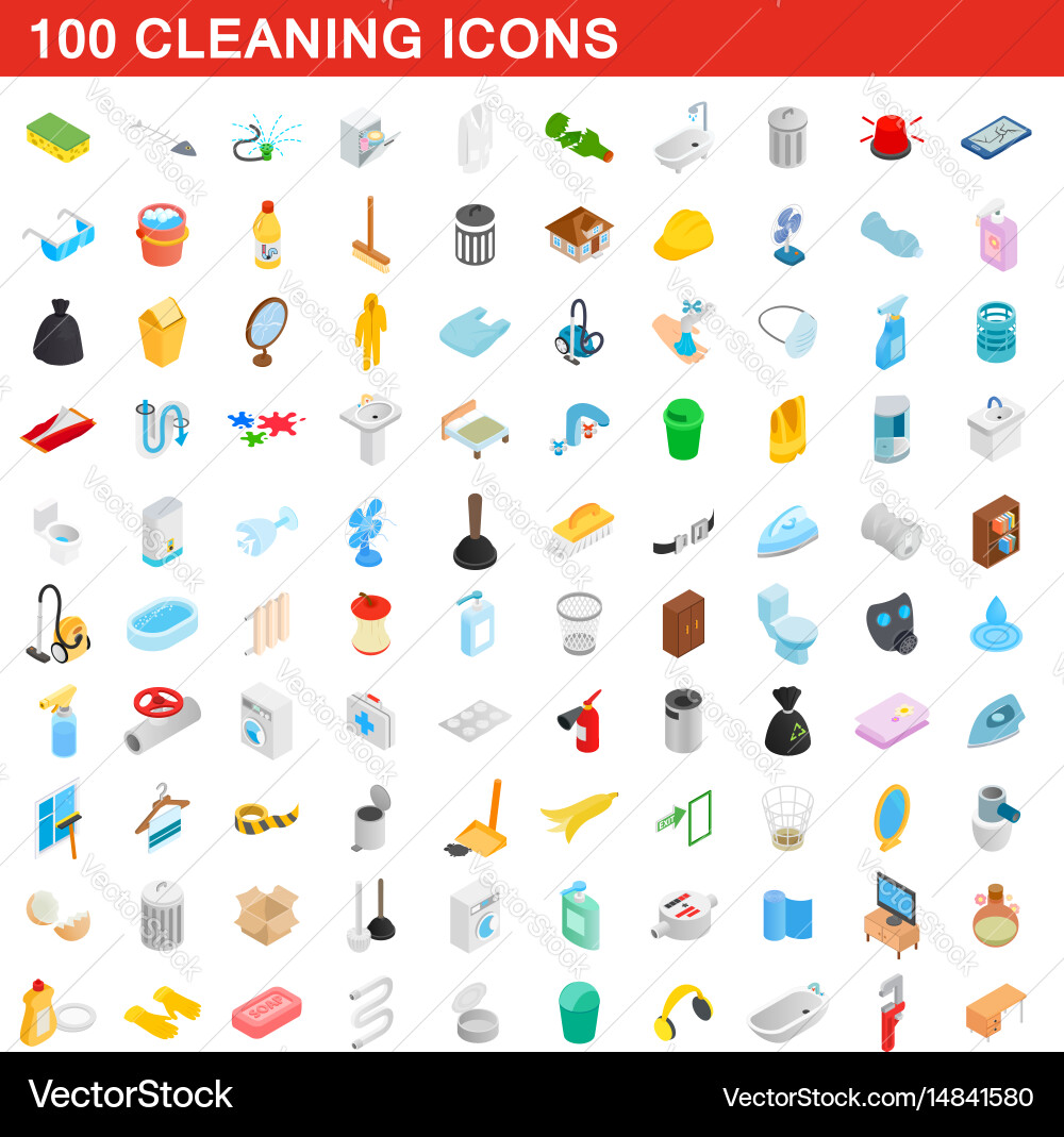 100 cleaning icons set isometric 3d style Vector Image
