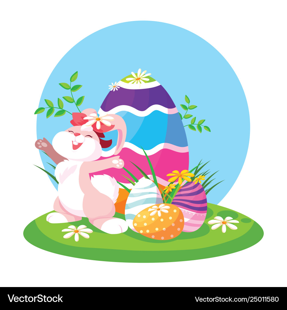 Cute female rabbit with eggs easter in garden Vector Image