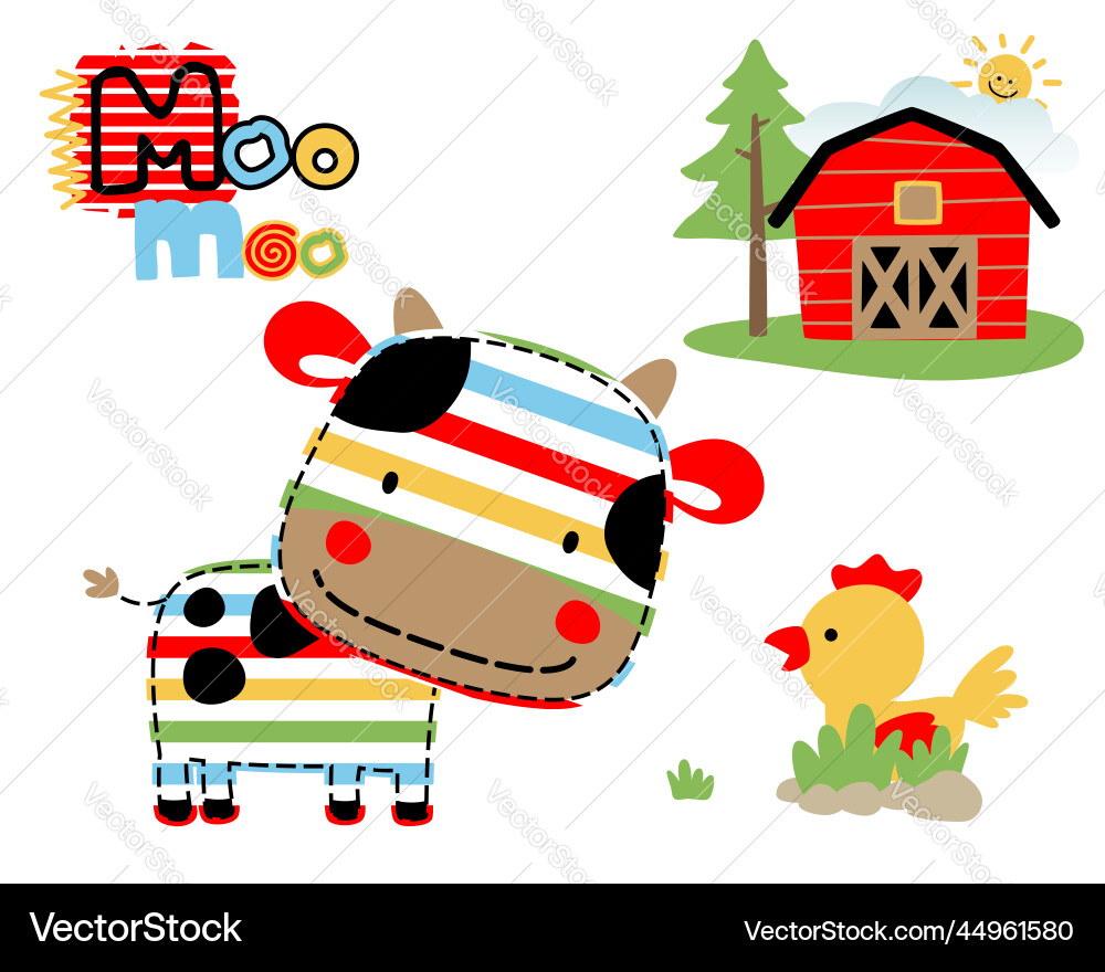 Farm elements cartoon with cute cow Royalty Free Vector