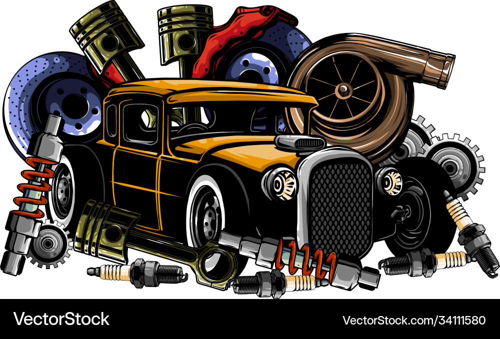 Vintage car components collection wit automobile Vector Image