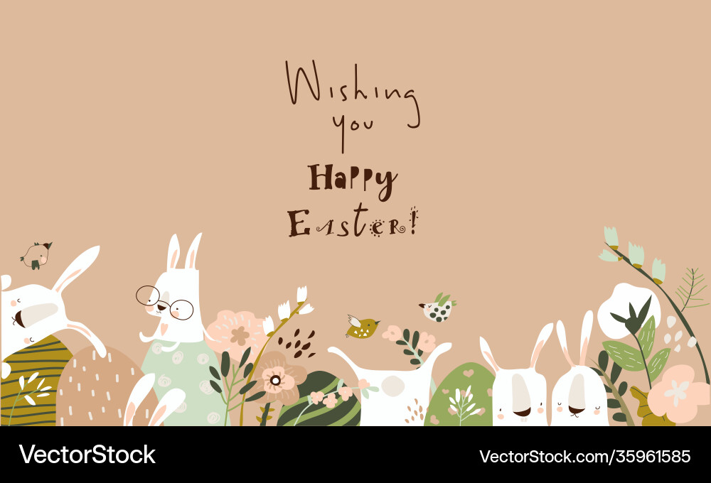 Cute cartoon bunny with easter eggs and flowers Vector Image