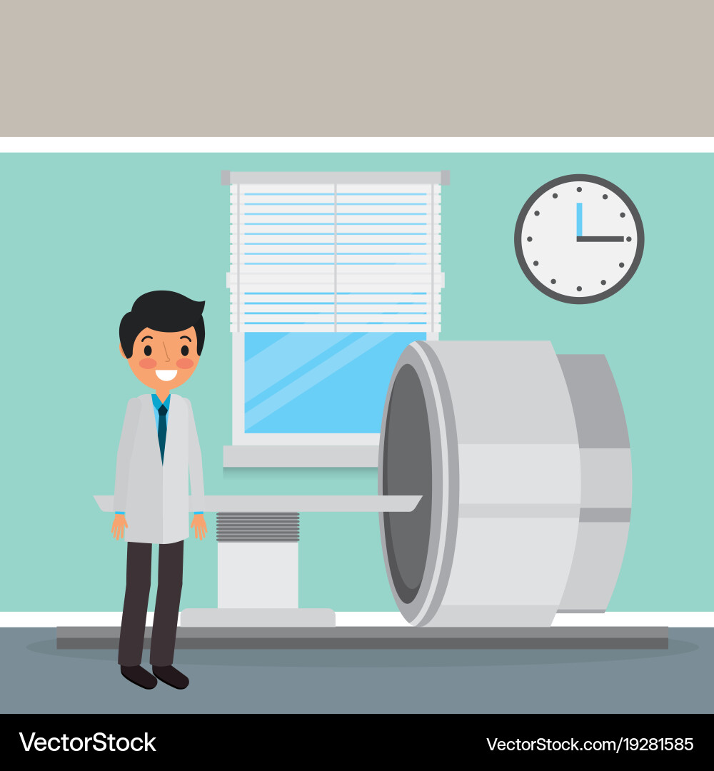 Doctor in coat with scan machine diagnosis clock Vector Image