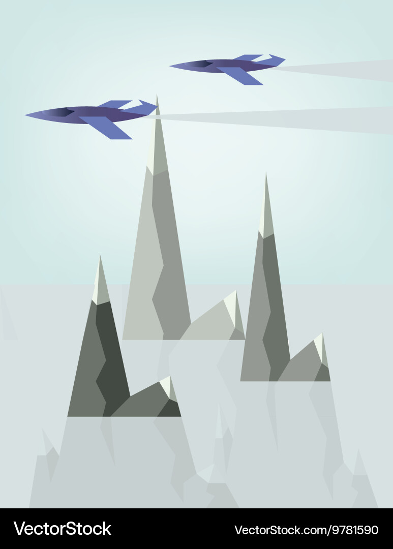 Abstract landscape design with jet planes and smok