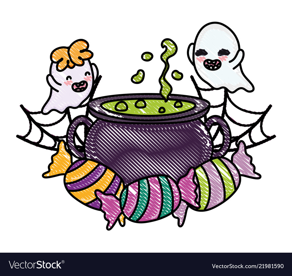 Grated happy ghosts with pot cauldron Royalty Free Vector
