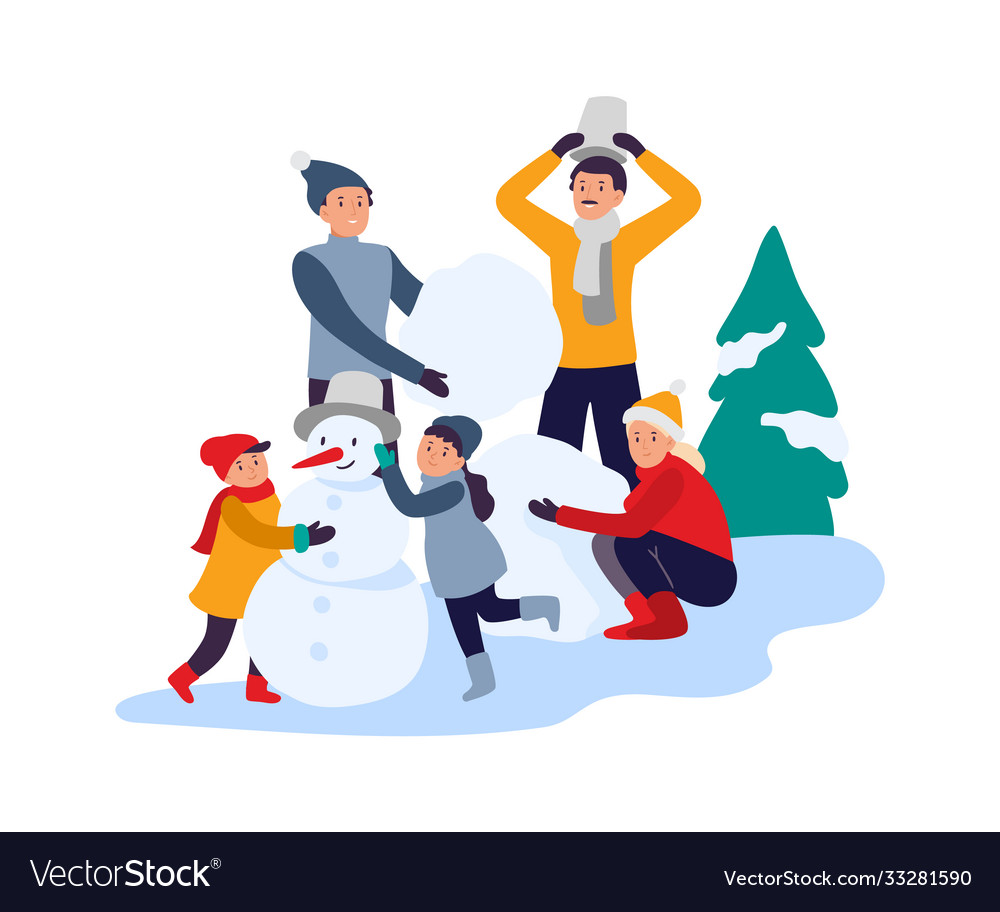 Winter activities happy family making snowman Vector Image