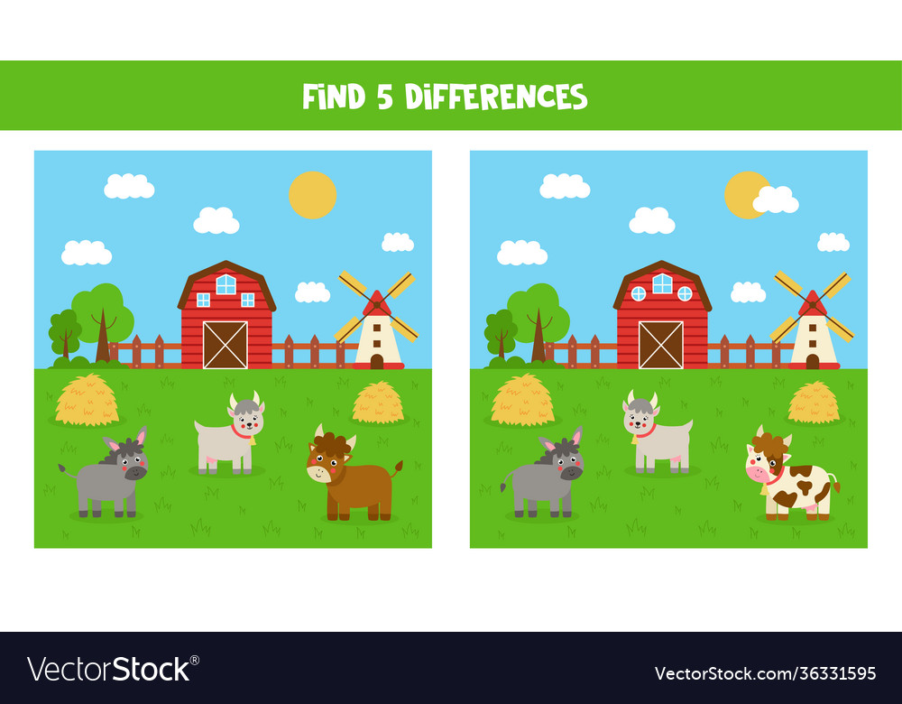 Find 5 differences between farm pictures game Vector Image Find 5 differences between farm pictures game Vector Image