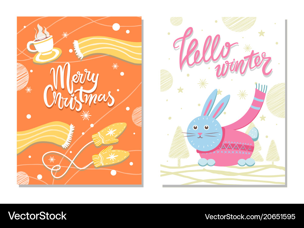 Hello winter postcard with rabbit scarf mittens Vector Image
