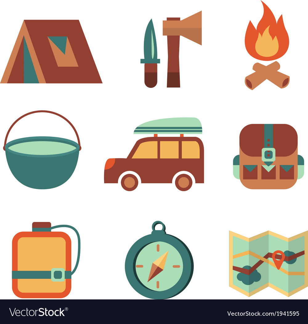 Outdoors tourism camping flat icons set Royalty Free Vector Outdoors tourism camping flat icons set Royalty Free Vector